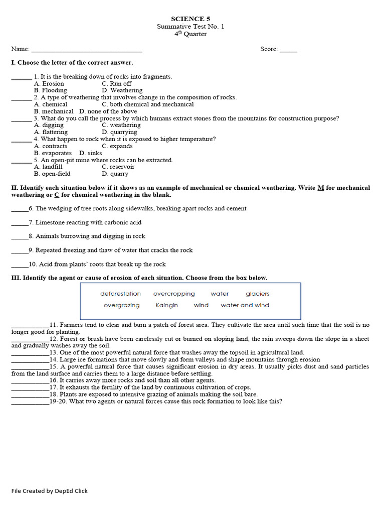 Science5 ST1 Q4 | PDF | Weathering | Erosion
