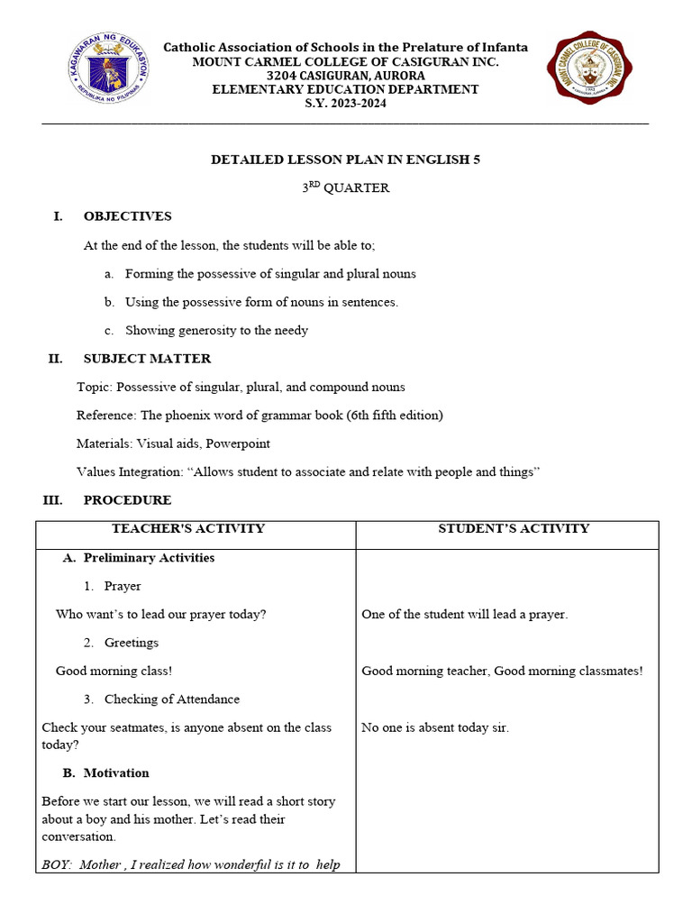 Lesson Plan: Possessive Nouns for Grade 5 | PDF | Plural | Grammatical ...