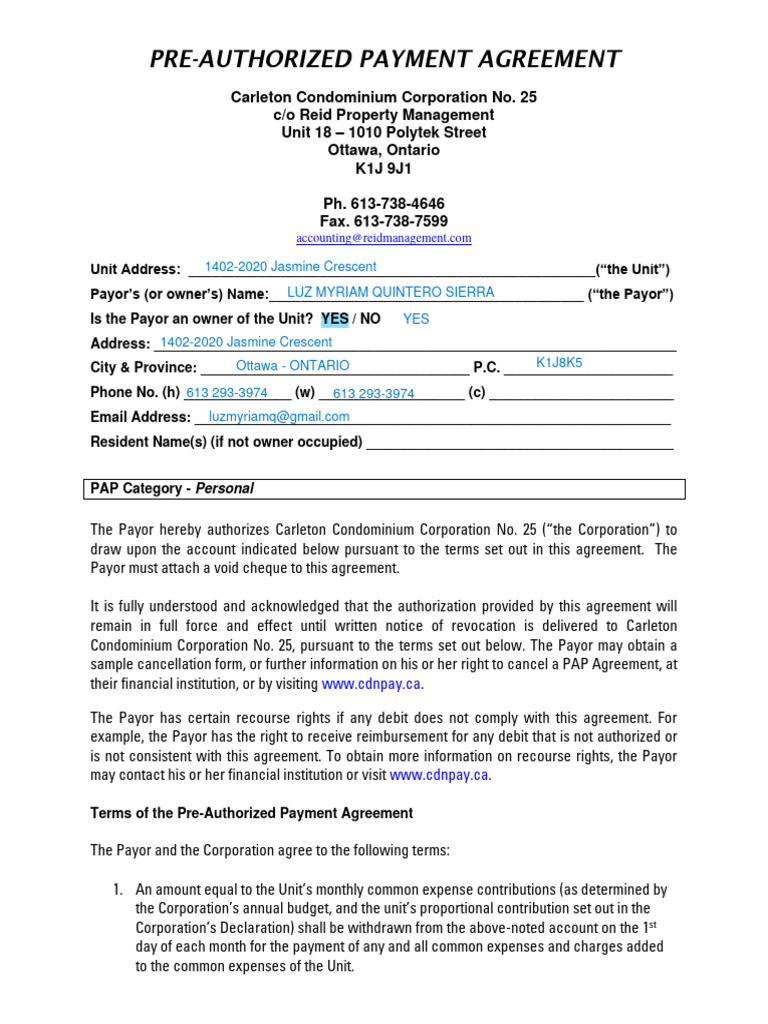 Pre-Authorized Payment Agreement Form | PDF | Payments | Expense