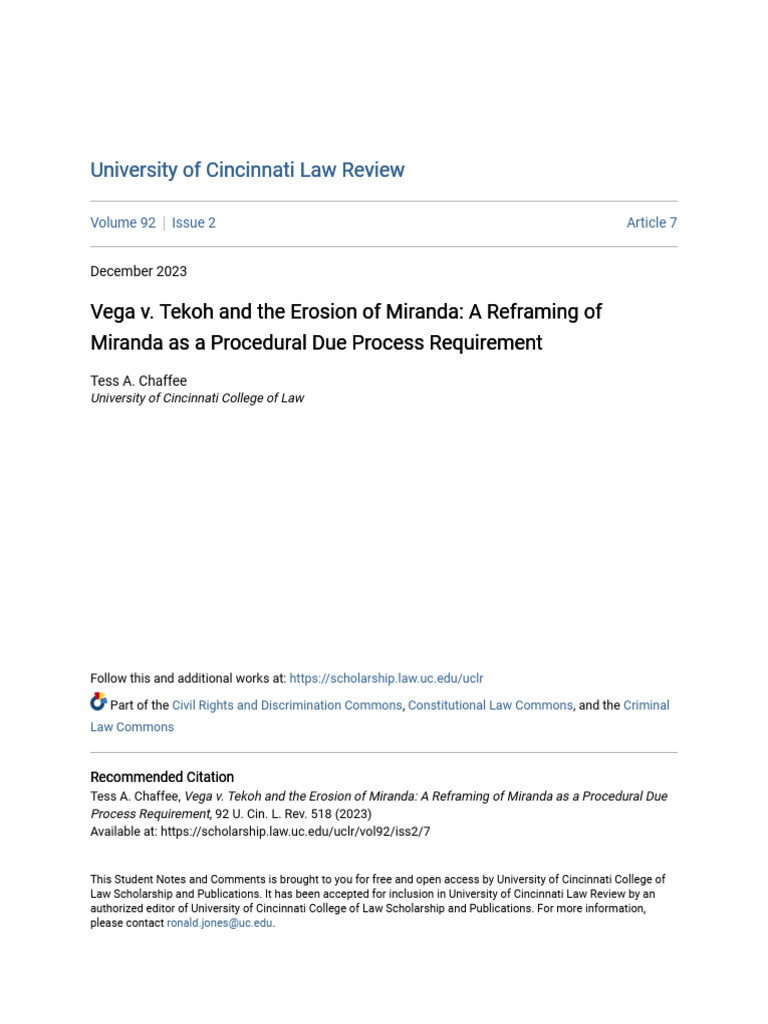 Vega v. Tekoh and The Erosion of Miranda - A Reframing of Miranda | PDF ...