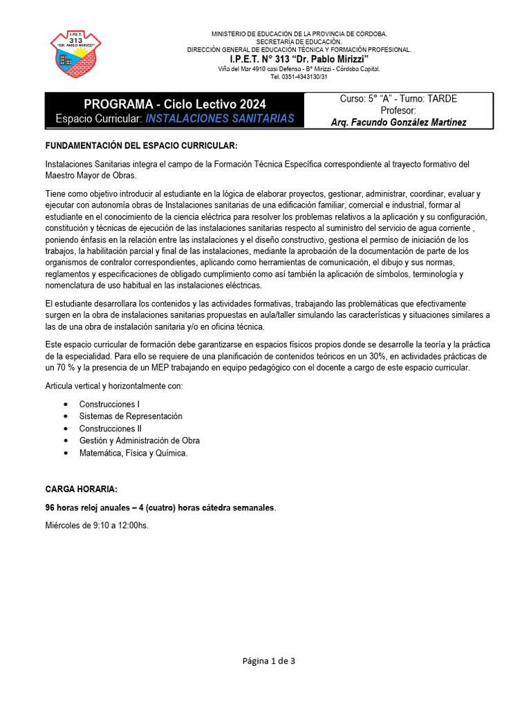 Programa 2024: Instalaciones Sanitarias | PDF | Colector de aguas pluviales | Agua