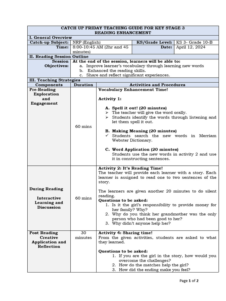 Learning PlanReading 3 Revised | PDF | Applied Linguistics | Pedagogy
