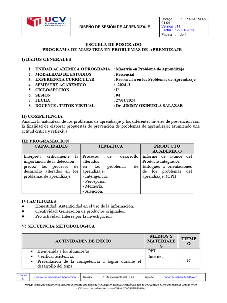 Sesión de Aprendizaje 4 - Prenvención en Problemas de Aprendizaje 2024 | Descargar gratis PDF ...