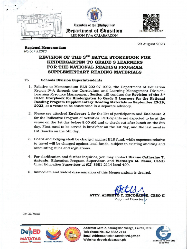 Regional Memorandum Revision of The 3rd Batch Storybook For Kindergarten To Grade 3 Learners For ...