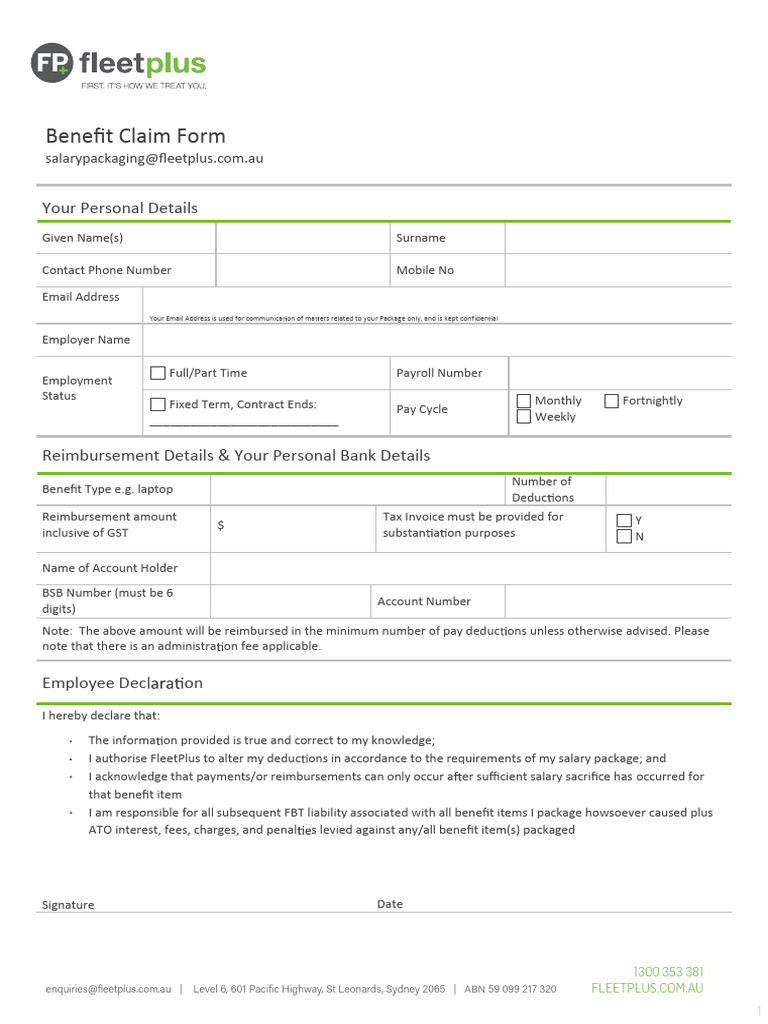 Benefit Claim Form and Business Use Declaration | PDF | Expense ...