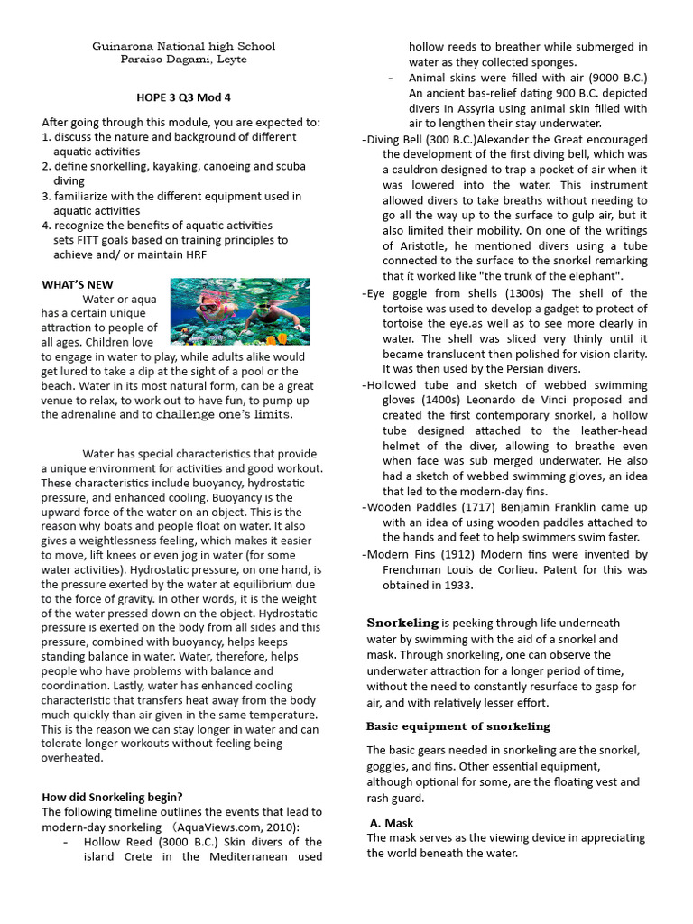 Grade 12 - Aquatics Activity Sheet | PDF | Snorkeling | Scuba Diving