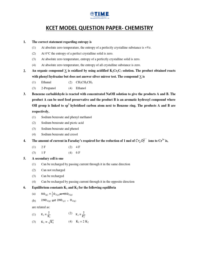 Kcet Model QP - Chemistry - 15-04-2024 | PDF | Sodium Hydroxide | Redox