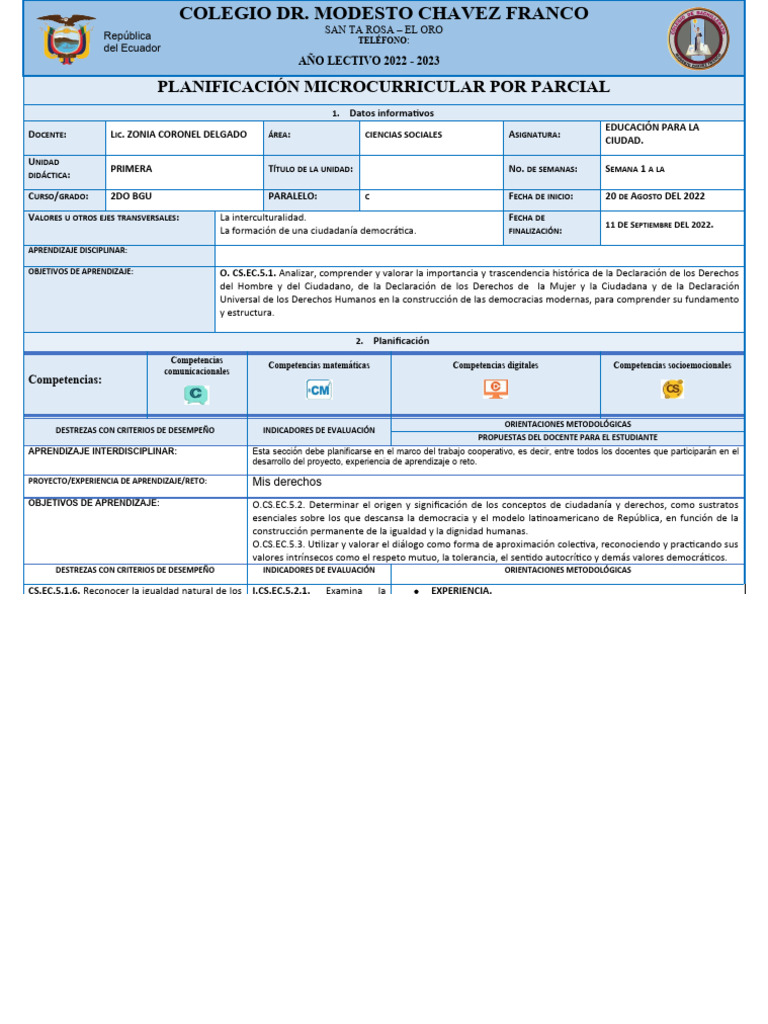 2do Bgu Plan. Microc. Educac. Ciud 2023 | PDF | Maestros | Democracia