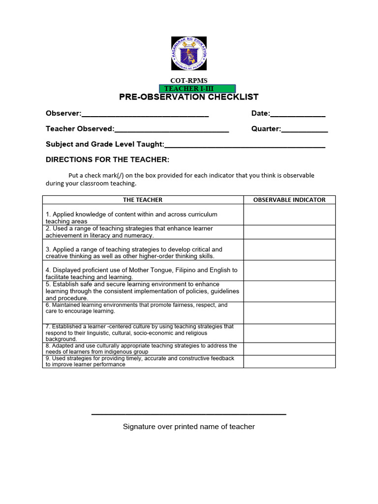 Pre Observation Checklist | PDF | Teachers | Learning