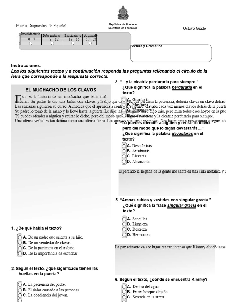 Prueba Diagnóstica de Español 8° Grado | PDF