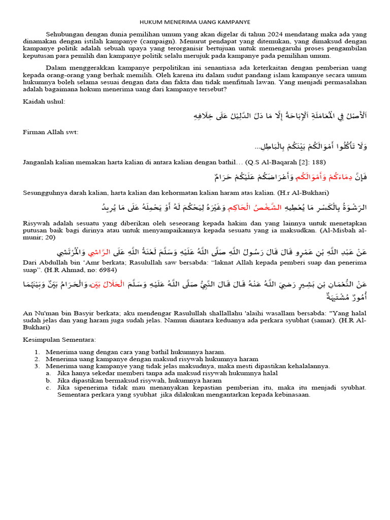 Hukum Menerima Uang Kampanye 2024 | PDF