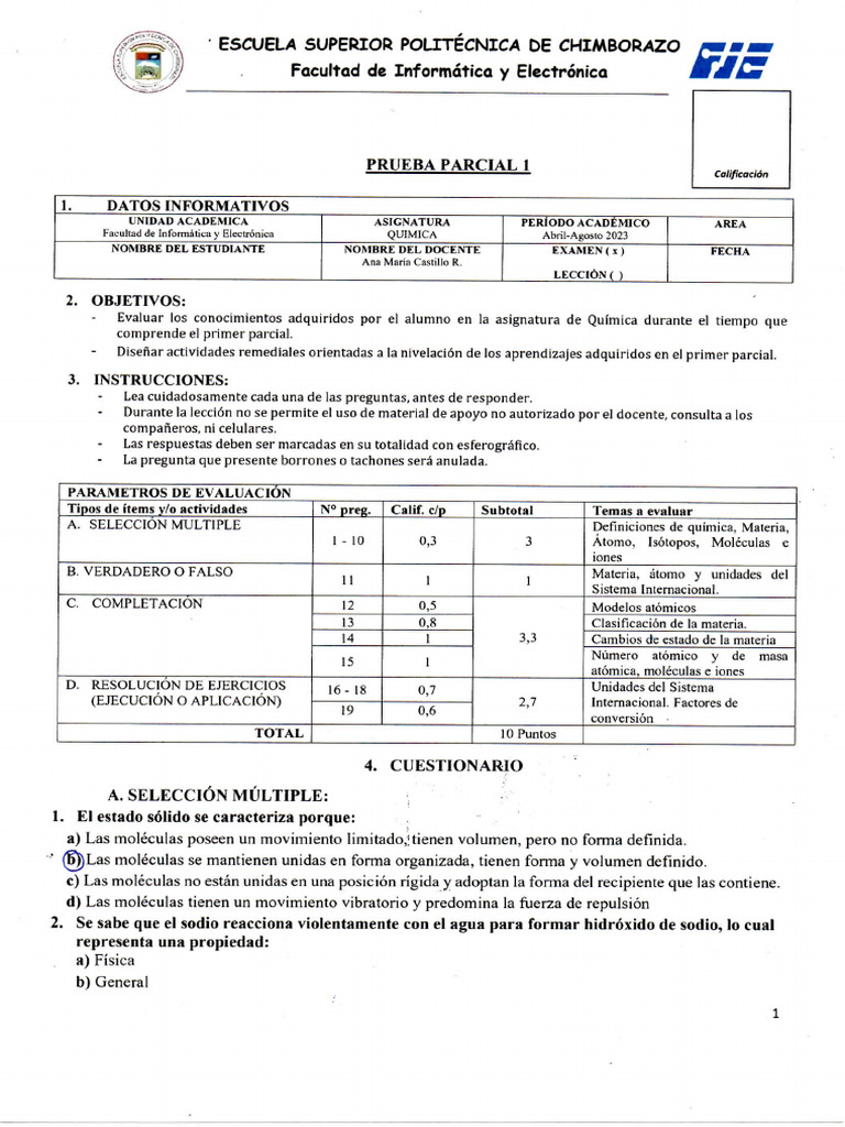 ELECTR_QUIMICA_PRUEBA PARCIAL I | PDF