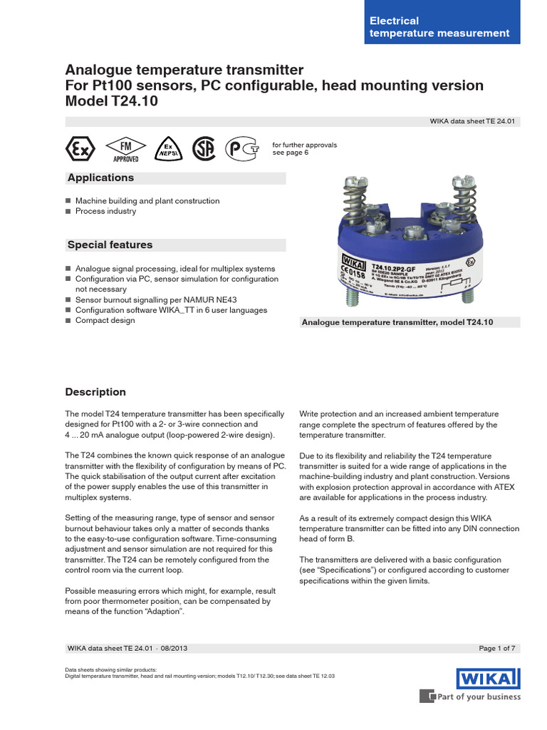 Analogue Temperature Transmitter For Pt100 Sensors, PC Configurable ...