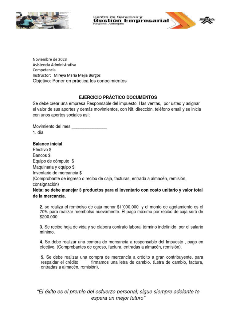 EJERCICIO PRÁCTICO DOCUMENTOS (1) 2023 | PDF | Bancos | Cheque