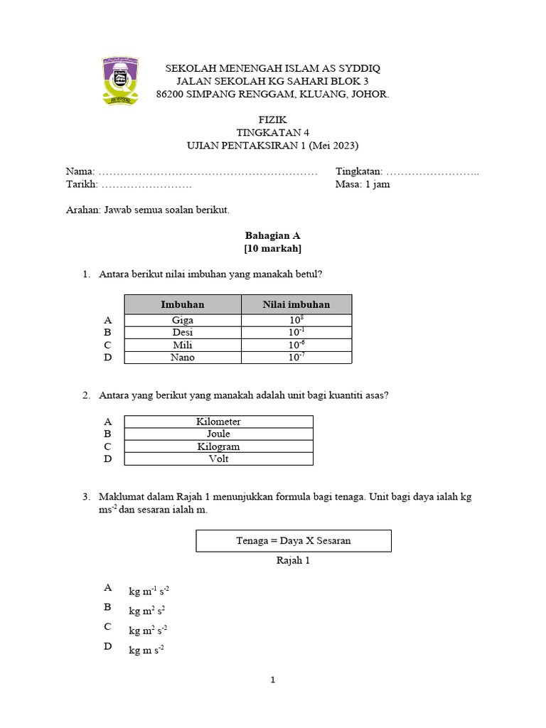 Ujian Penilaian 1 Fizik T4 | PDF
