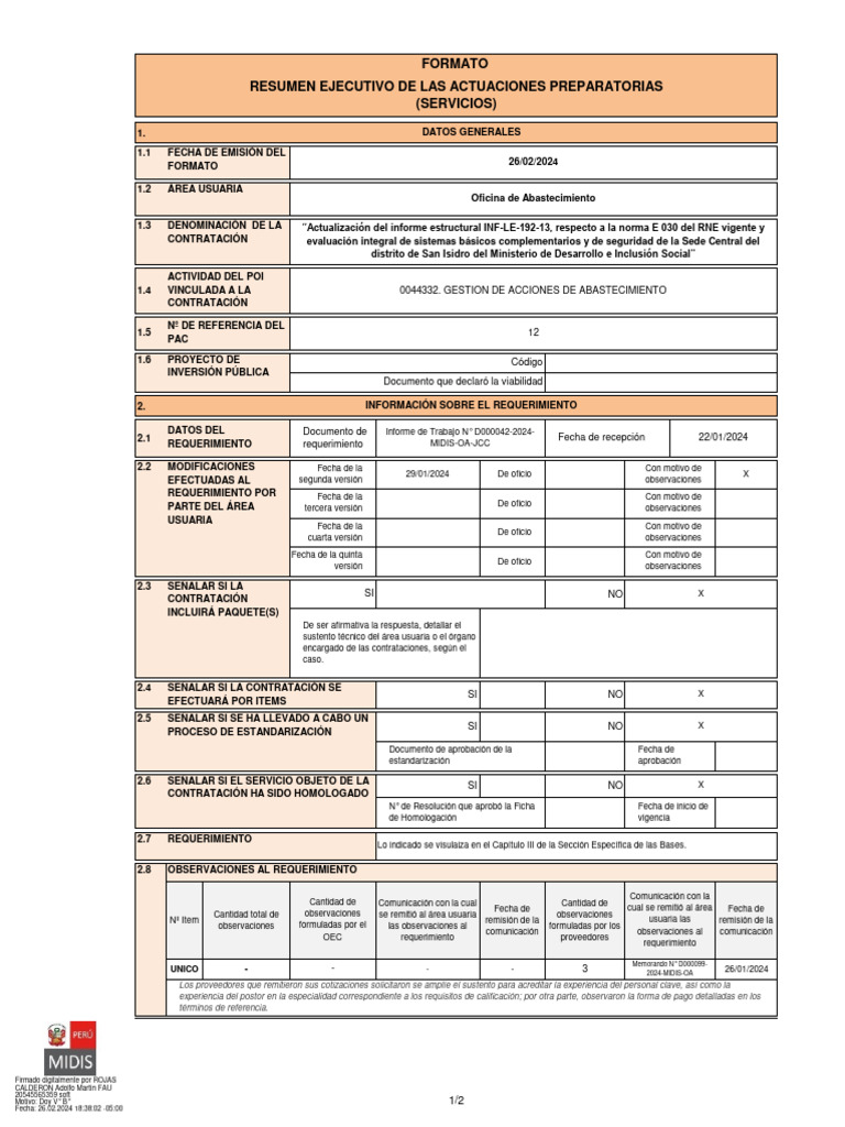 Formato Resumen Ejecutivo de Las Actuaciones Preparatorias (Servicios) | PDF