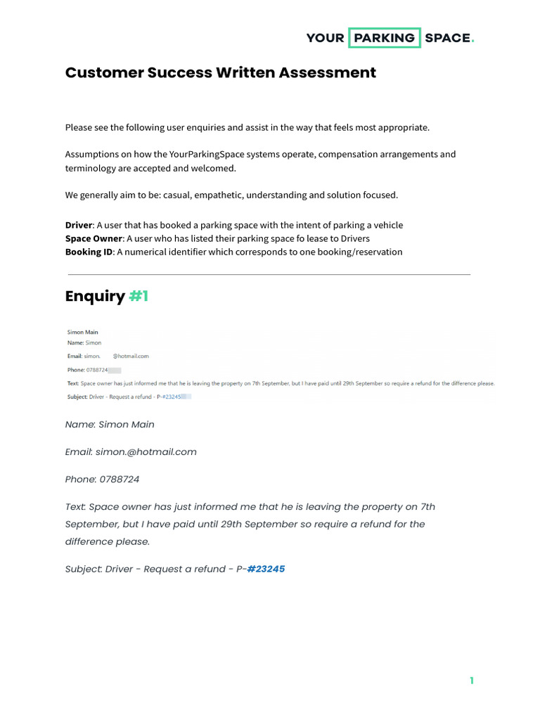 Customer Success Assessment for Parking Queries | PDF