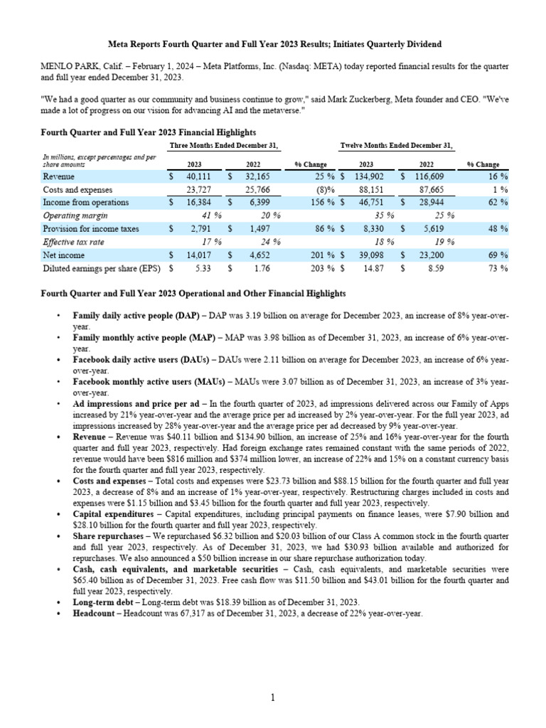 Meta 12 31 2023 Exhibit 99 1 FINAL | PDF | Equity (Finance) | Expense