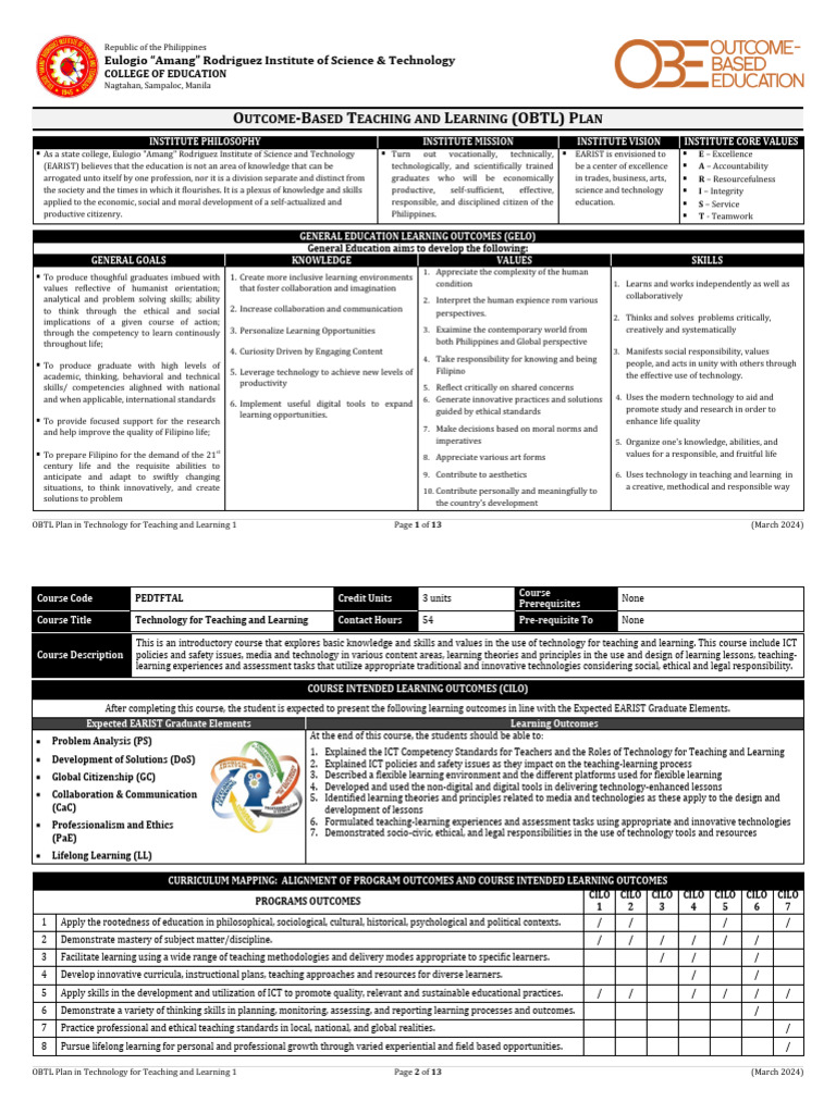 OBE Syllabus Technology For Teaching and Learning | PDF | Educational Technology | Learning