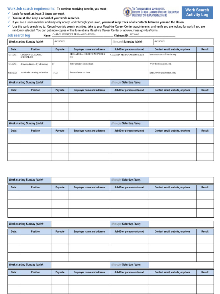 Work Search Log Weeks-Fs | PDF