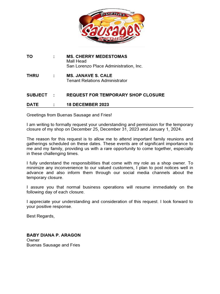 REQUEST FOR TEMPORARY SHOP CLOSURE | PDF