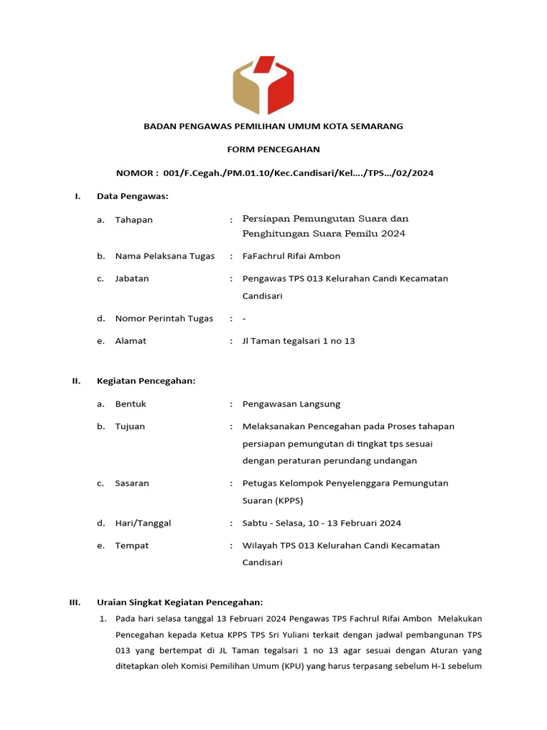 Pengawasan Pemilu 2024 di TPS 013 Semarang | PDF