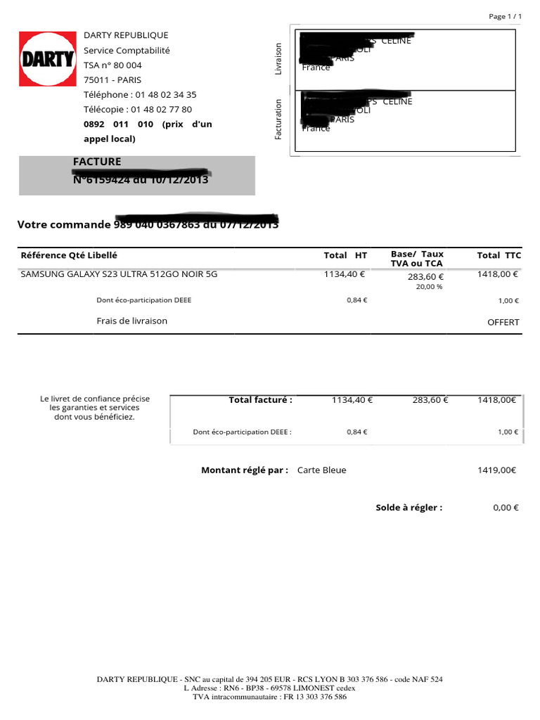 Facture Darty - Samsung S23 Ultra | PDF | Paiements | Financement du ...