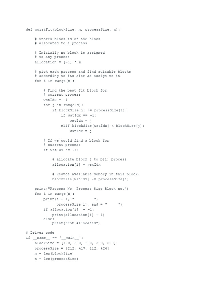 Program For Worst Fit Algorithm in Memory Management | PDF