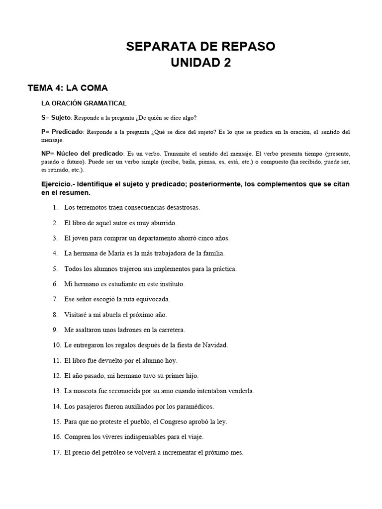 SEPARATA DE REPASO Parcial - Uso Coma | PDF | Predicado (Gramática) | Verbo