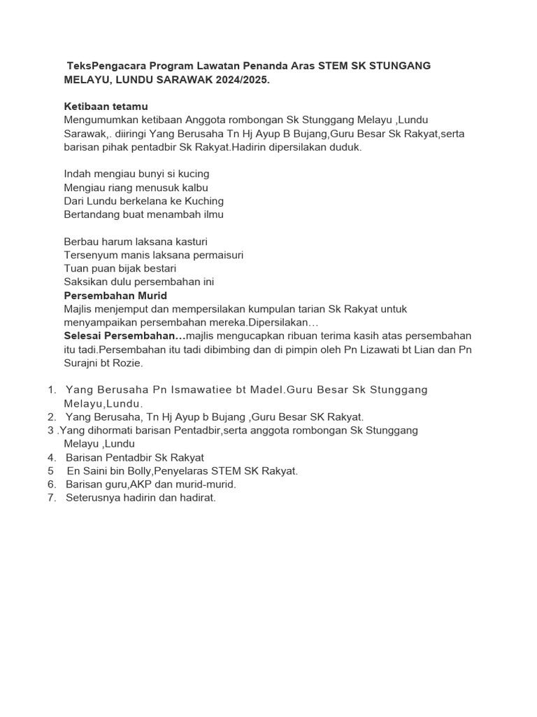 Teks - UcapanProgram Lawatan Penanda Aras STEM 2024 | PDF | Karier ...