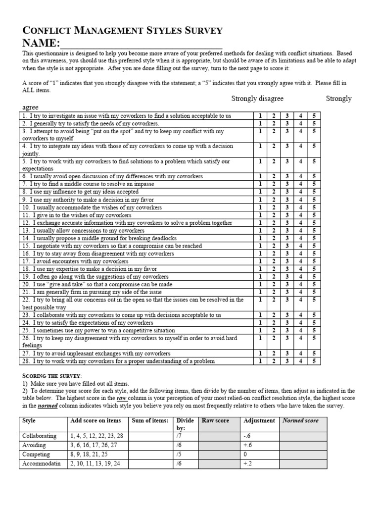 Conflict Management Styles Survey | PDF | Behavioural Sciences ...