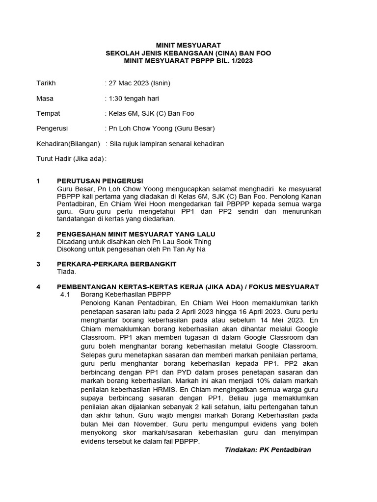 Minit Mesyuarat PBPPP 1 - 2023 | PDF