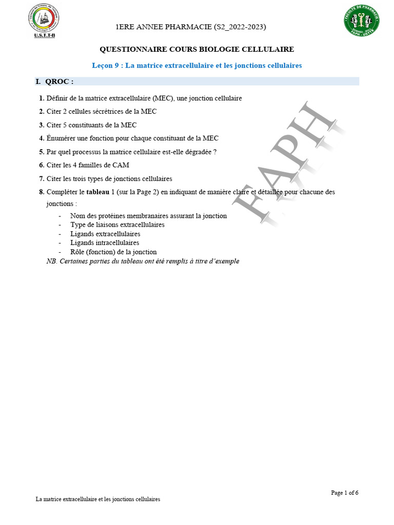 Jonctions cellulaires et matrice extracellulaire | PDF | Membrane ...