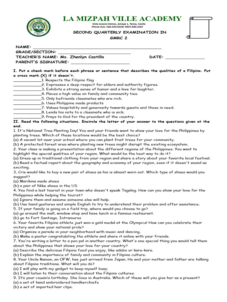 GMRC Grade 2 Quarterly Exam Guide | PDF | Philippines