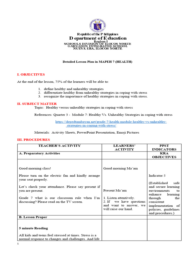 Detailed-Lesson-Plan-HEALTH-7 | PDF | Stress (Biology) | Lesson Plan