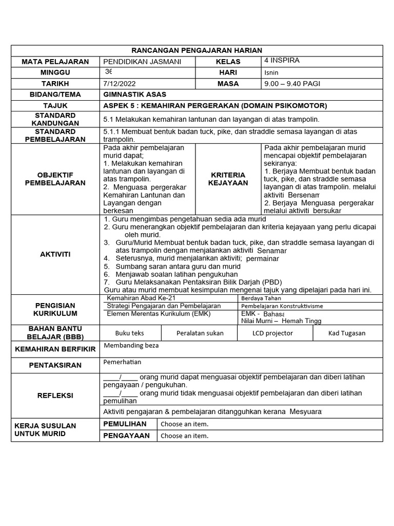 Rancangan Pengajaran Harian PJK | PDF | Karier & Perkembangan