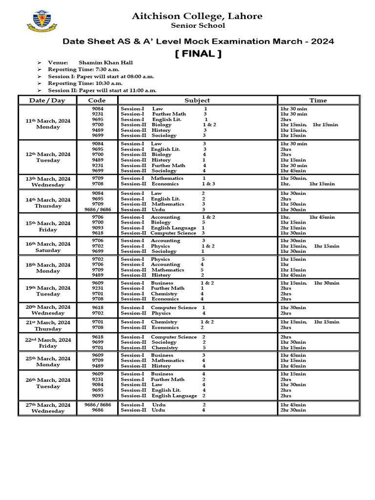 Mock Exams Date Sheet AS & A Level 2024-Updated | PDF | Mathematics ...