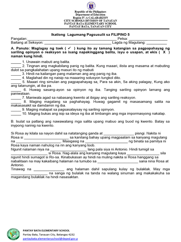 2nd Summative Test in FILIPINO 5 | PDF