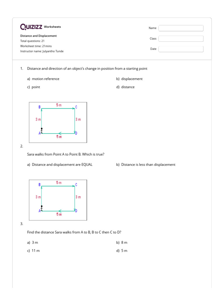 Distance and Displacement - Quizizz | PDF | Classical Mechanics | Quantity