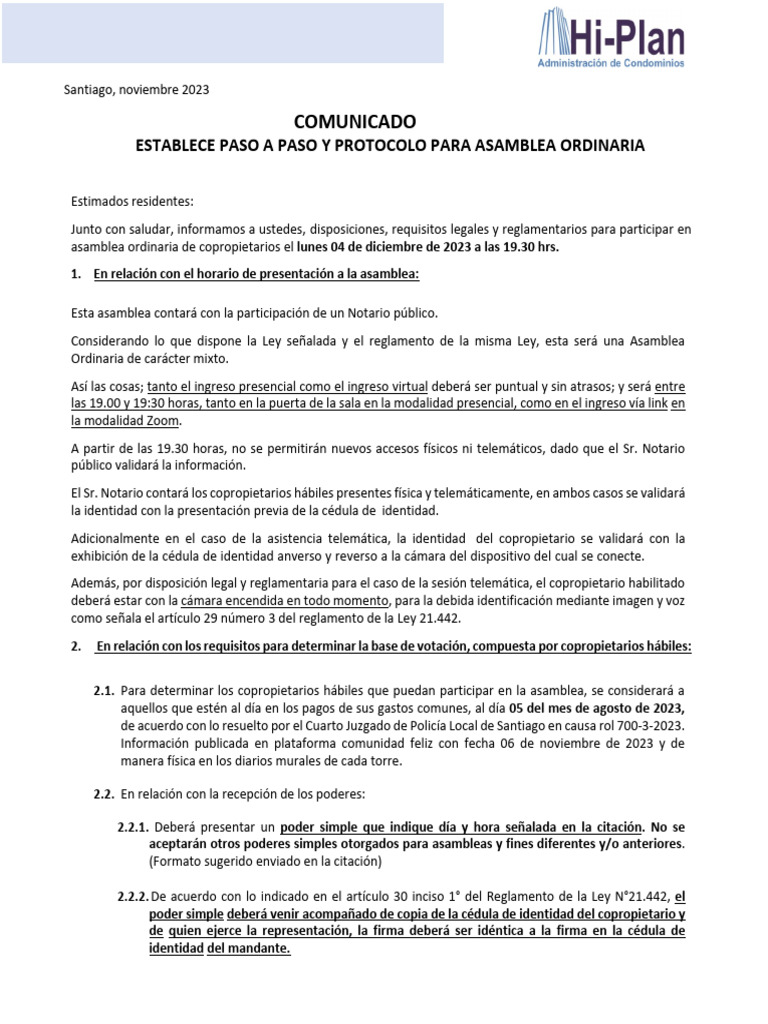 Protocolo para Asamblea Ordinaria | PDF | Documento de identidad | Gobierno