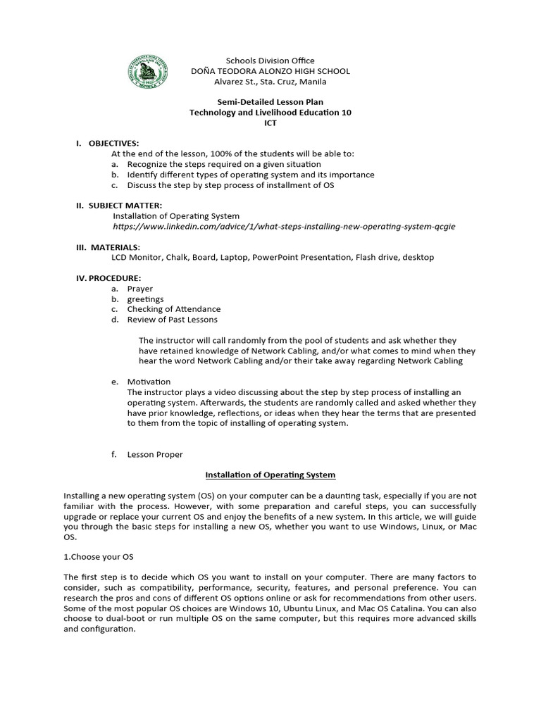 Installation of Operating System - Lesson Plan | Download Free PDF ... Installation of Operating System - Lesson Plan | Download Free PDF ...