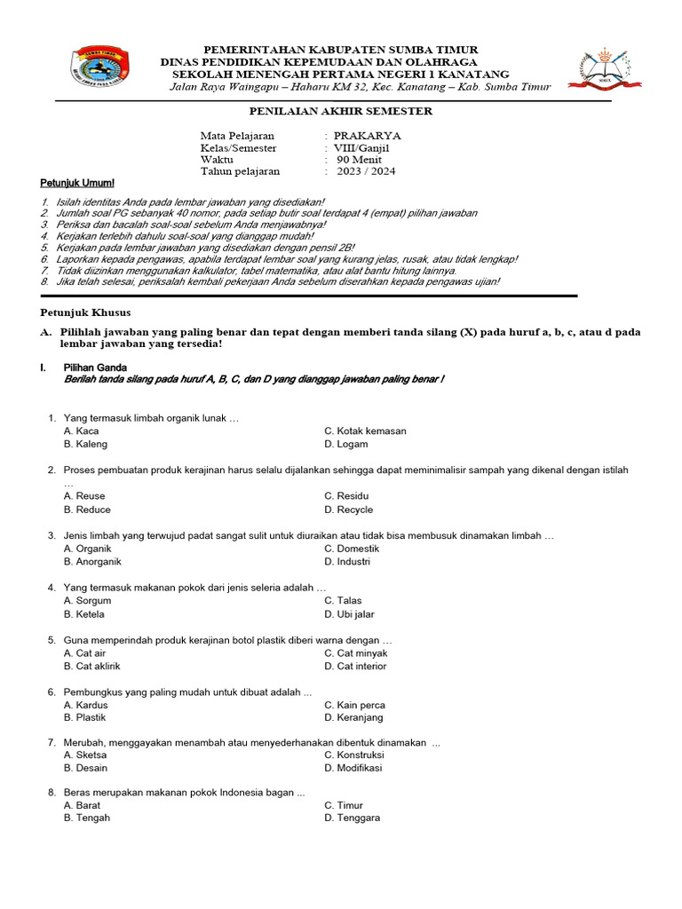 Ujian Prakarya Kelas VIII Semester Ganjil | PDF