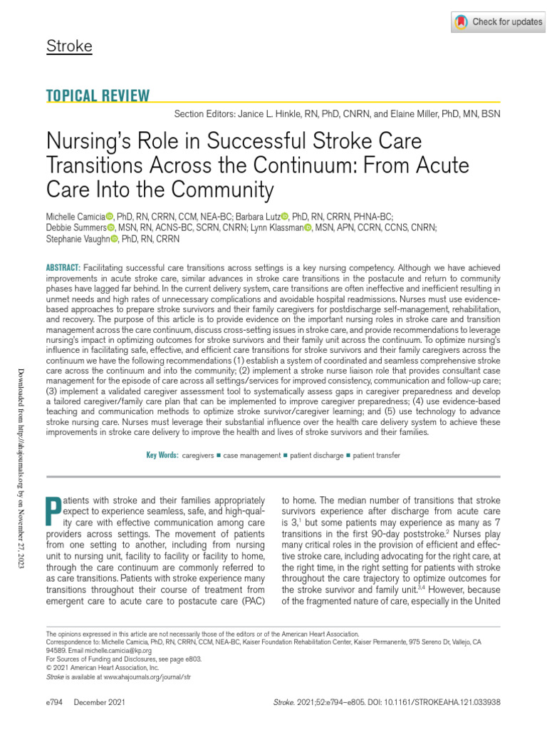 Camicia Et Al 2021 Nursing S Role in Successful Stroke Care Transitions ...
