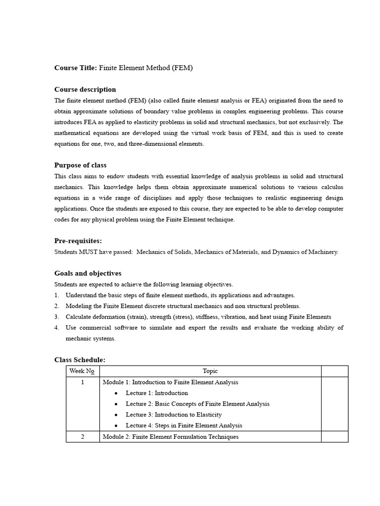 FEM_outline of syllabus | PDF | Finite Element Method | Mechanical Engineering