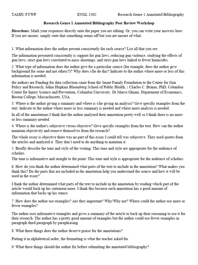 Research Genre 1 Annotated Bib Peer Review 1302 | PDF | Essays | Gun ...