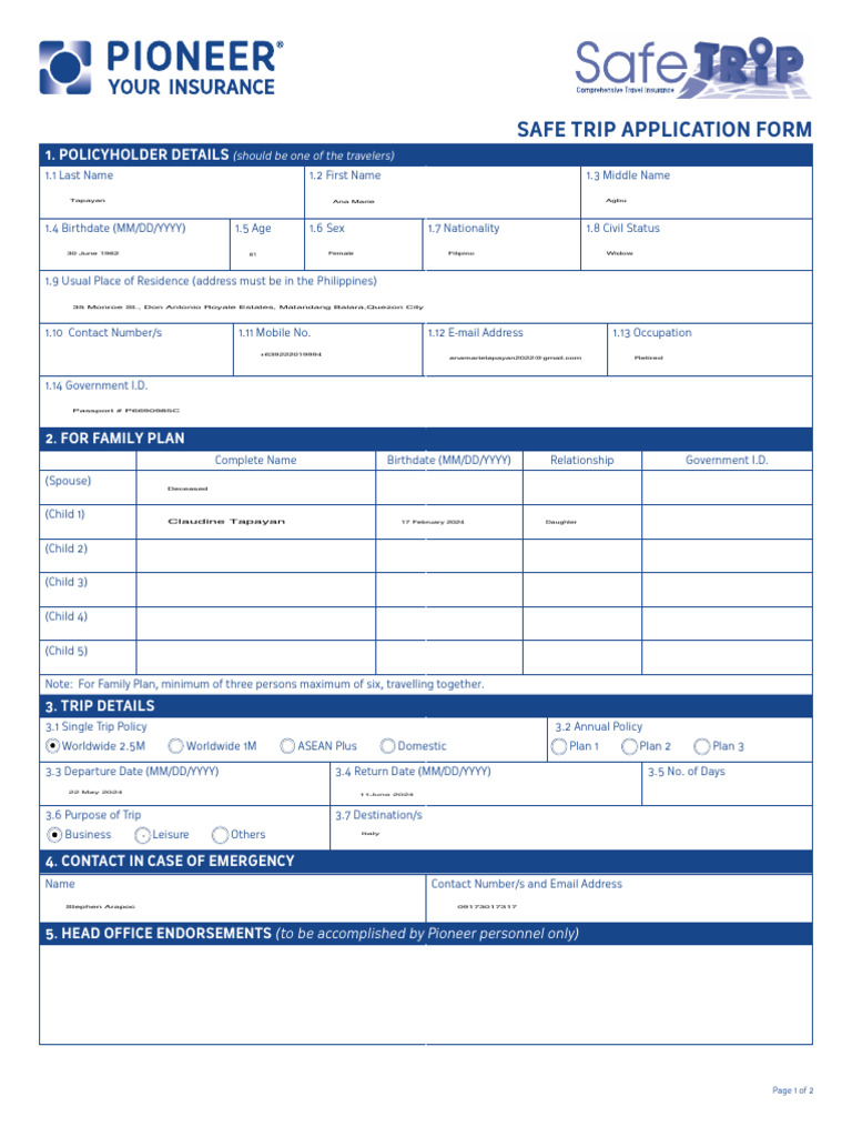 Pioneer Travel Insurance Application Form | PDF | Insurance | Surety