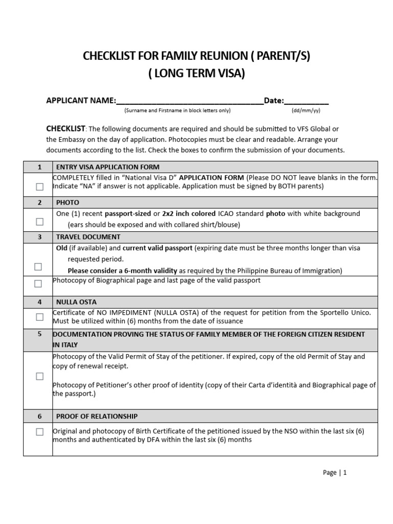 Italy Family-Reunion - Parent Checklist | PDF | Travel Visa | Passport