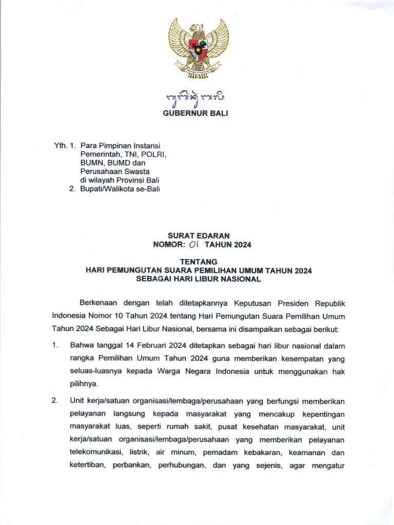 SE GUB TTG HARI PEMUNGUTAN SUARA PEMILU 2024 SEBAGAI HARI LIBUR NASIONAL | PDF