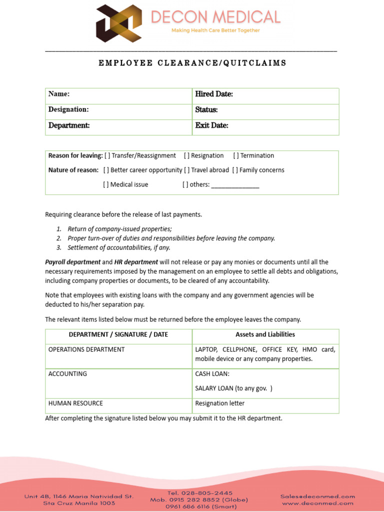 Clearance Form- Quit Claims | PDF | Debt | Employment
