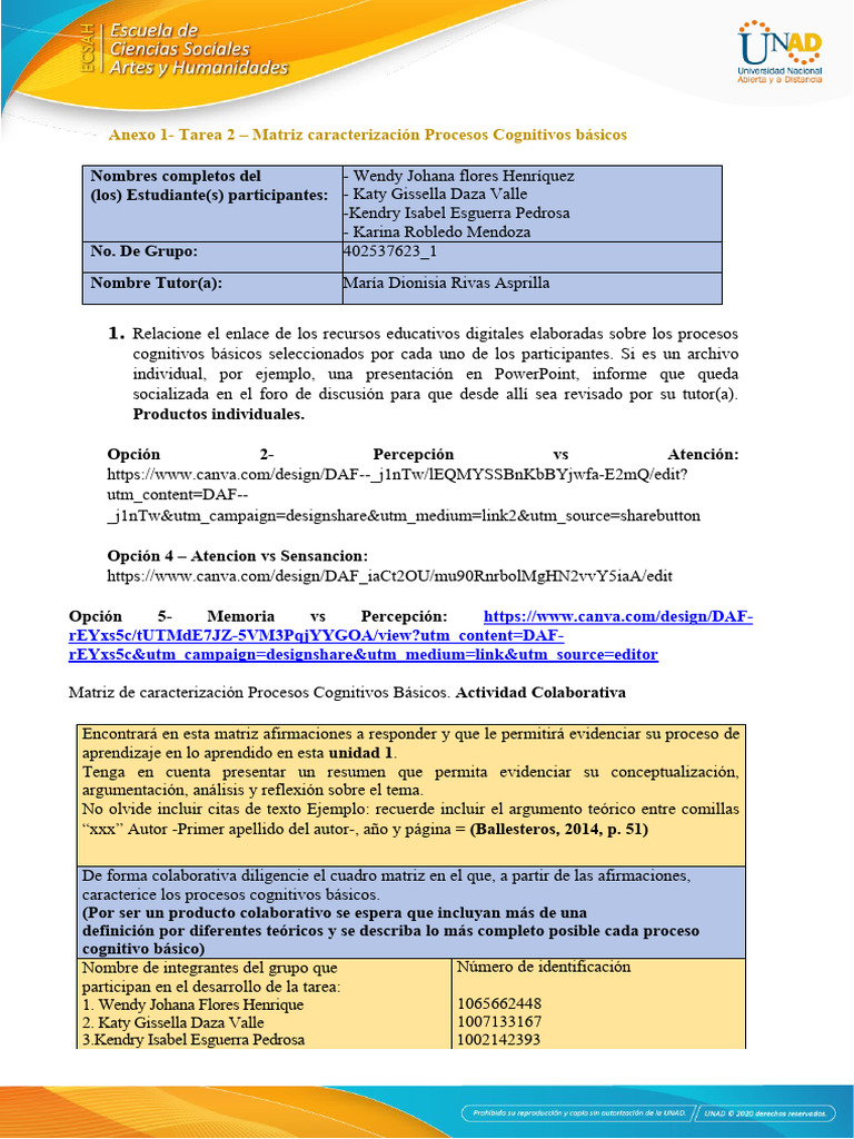 Anexo 2 - Tarea 2 - Matriz Caracterización Procesos Cognitivos Basicos ...